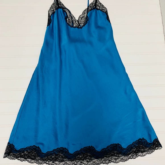 Intimates & Sleepwear | Vintage Teal Silk Chemise Black Lace Medium ...